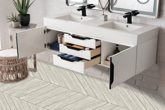 59 Inch White Floating Double Sink Bath Vanity Black Metal Base, James ...