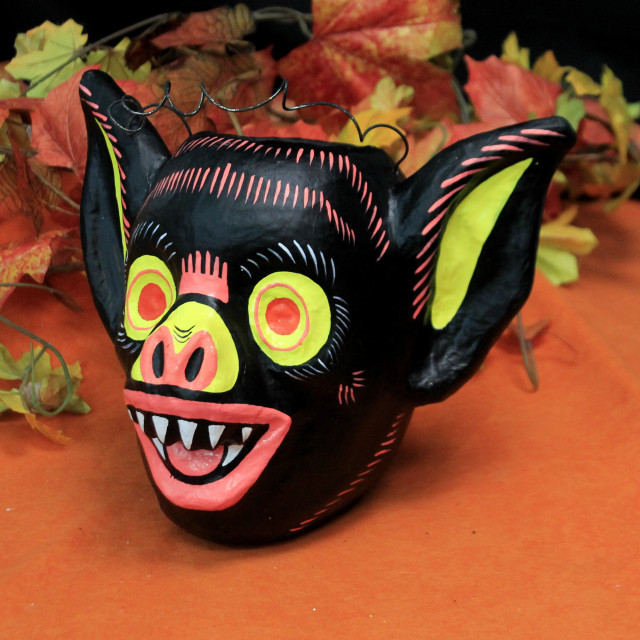 Halloween Frightful Bat Candy Bucket Paper Mache Vintage Looking Fangs ...