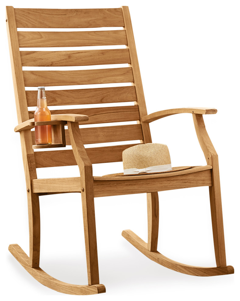 Logan Teak Wood Porch Rocking Chair with Cup Holder - Transitional ...