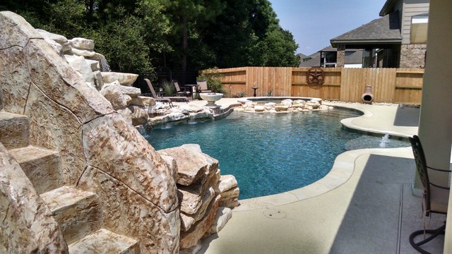 Freeform Limestone Pool with Cave-Slide-Waterfall - Traditional - Pool ...