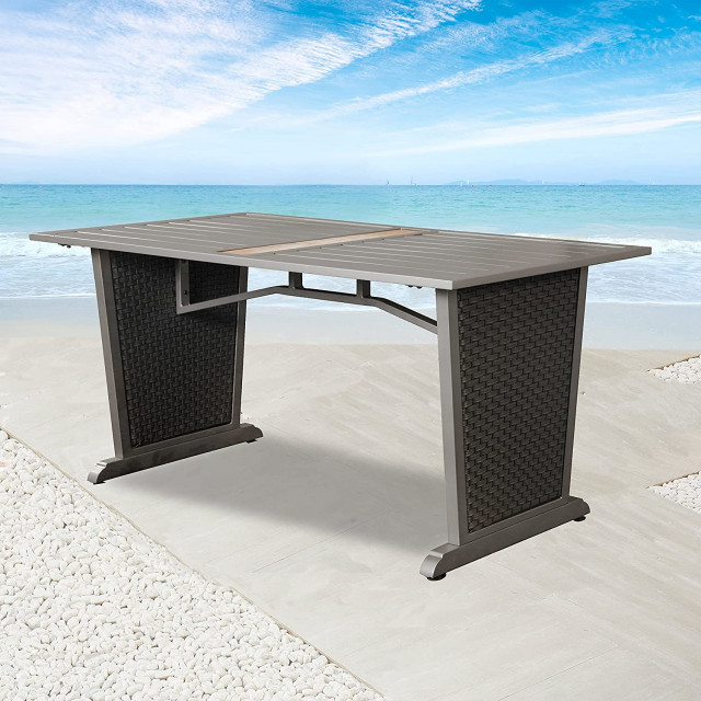 Modern Patio Dining Table, Rattan Legs & Rectangular Top With Grey ...