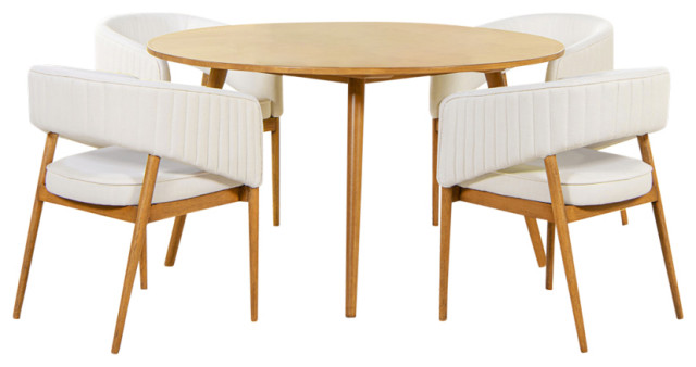 5-Piece Dining Set, Light Tan Brown Round Table and 4 Open Barrel ...