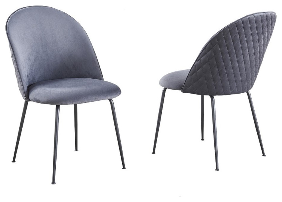 Quilted Back Side Chairs Set of 2 in Dark Gray Velvet and Gray Painted ...