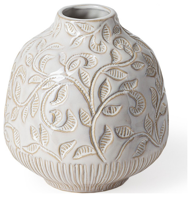White Floral Carved Ceramic Vase - Traditional - Vases - by UStradeENT ...