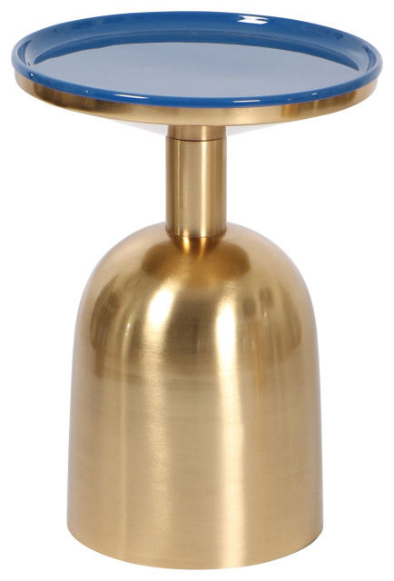 Round Tray Top Metal Accent Table with Bell Base, Gold and Blue ...
