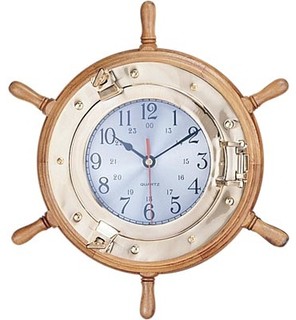 13" Porthole Ship Wheel Clock - Beach Style - Wall Clocks - by Brass ...
