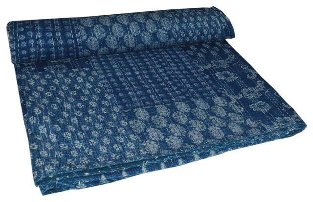 Indian Indigo Blue Patchwork Kantha Quilt - Contemporary - Quilts And ...
