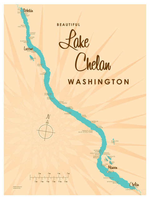 Lakebound Lake Chelan Washington Map Art Print, 9"x12" - Contemporary ...
