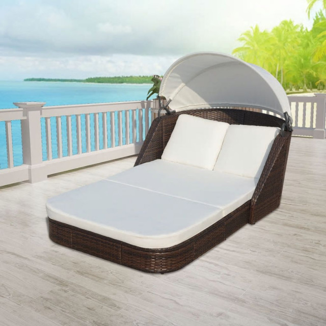 vidaXL Double Sun Lounger 2-Person Sun Lounger with Canopy Poly Rattan ...