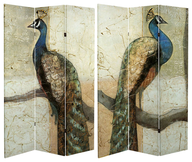 Classic Room Divider, 3 Canvas Panel With Peacocks Painting, Multicolor ...