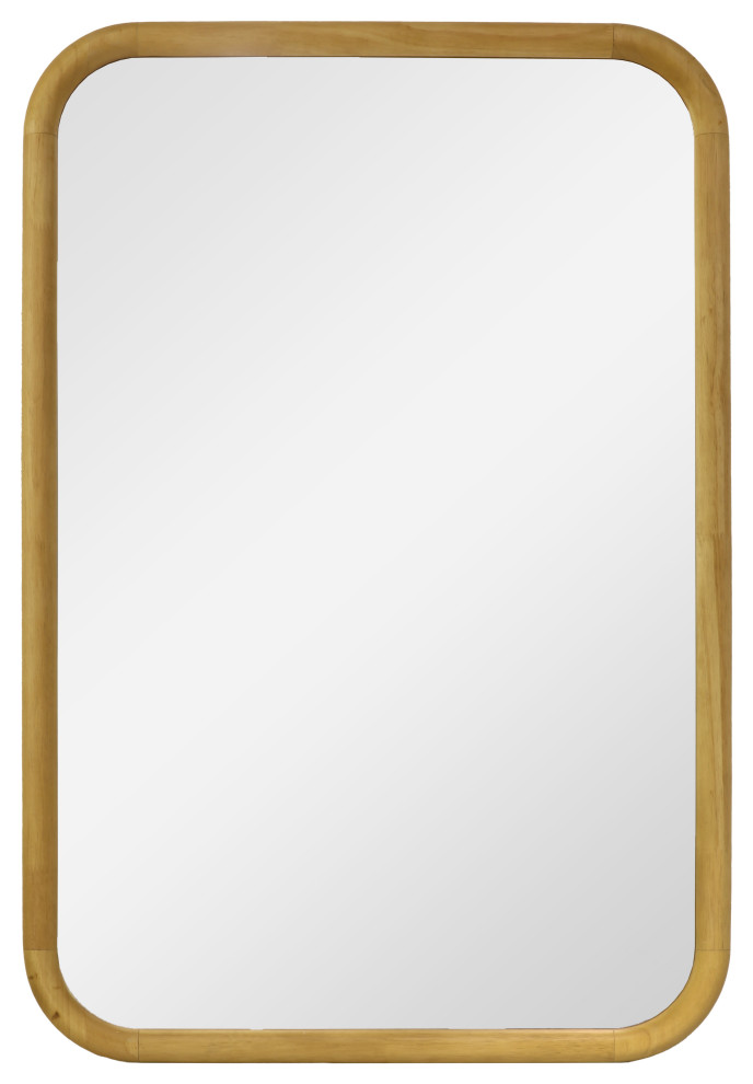 24"x36" Natural Rounded Corner Wood Mirror With Curved Frame, Made of ...