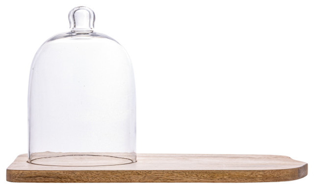 Mango Wood Organic Shaped Tray With Glass Cloche, Natural - Serving ...