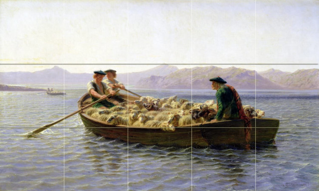 Tile Mural Lake boat people water sheep Backsplash, Four Inch Marble ...