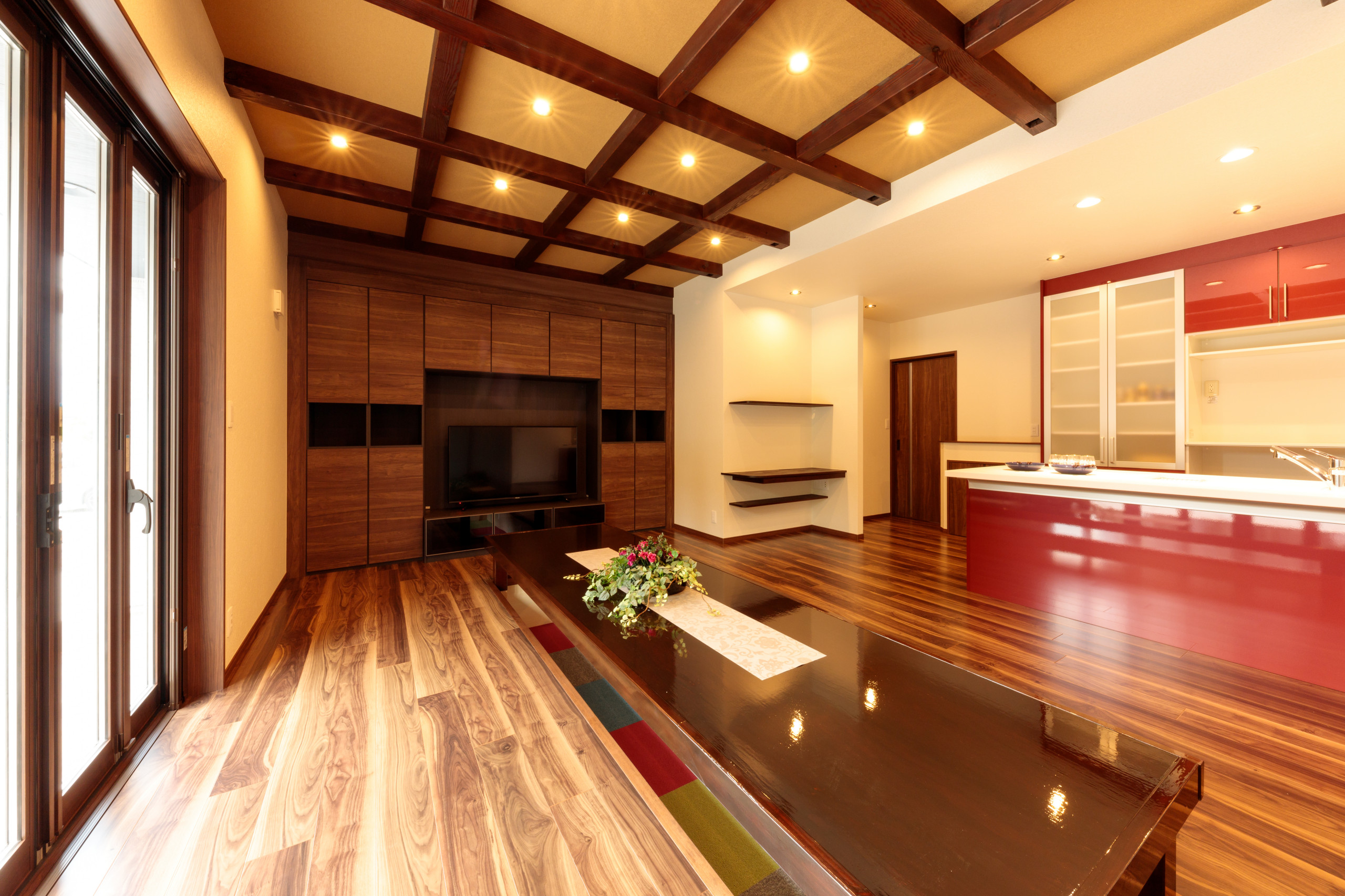 Orange Living Room With Coffered Ceilings