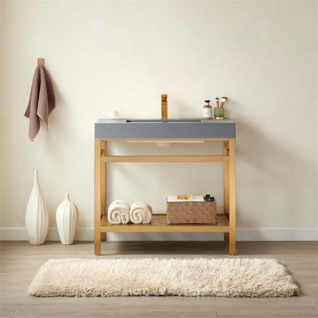 Ablitas 36" Single Sink Bath Vanity Brushed Gold Metal Frame Gray Top ...