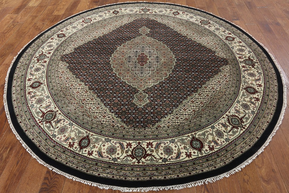 Hand-Knotted 8' Round Wool and Silk Persian Tabriz Rug, Black, 8'x8', 8 ...