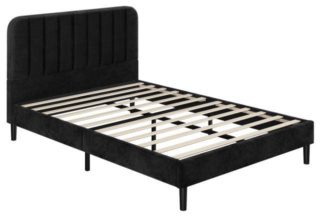 Contemporary Platform Bed, Black Velvet Upholstered & Channel Tufted ...
