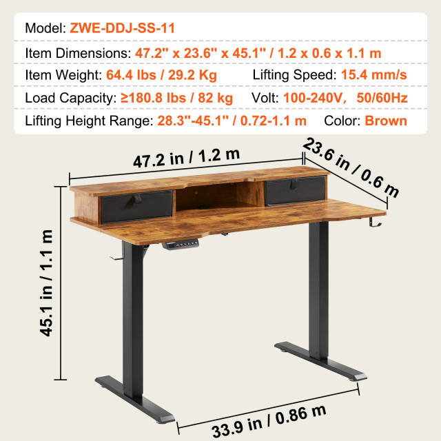 VEVOR Adjustable Height Standing Desk 47.2"x23.6" Dual Monitor Riser ...