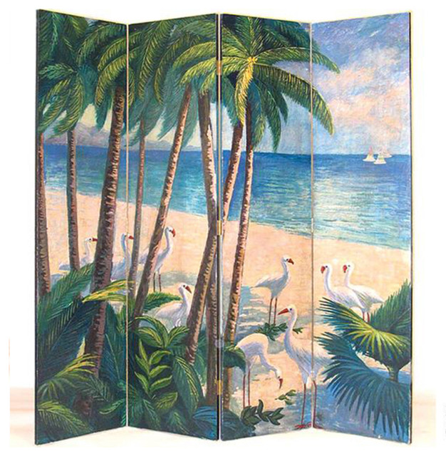 Wooden 4 Panel Room Divider with Beach Print, Multicolor - Tropical ...