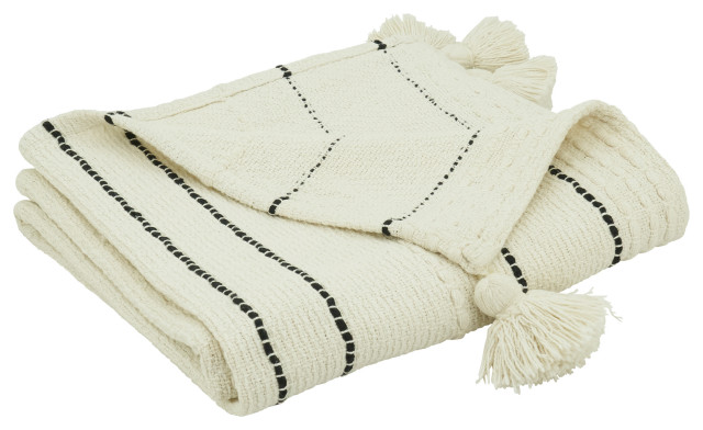 Stripe Design Chunky Tassel Throw, Ivory, 50"x60", 50"x60 ...