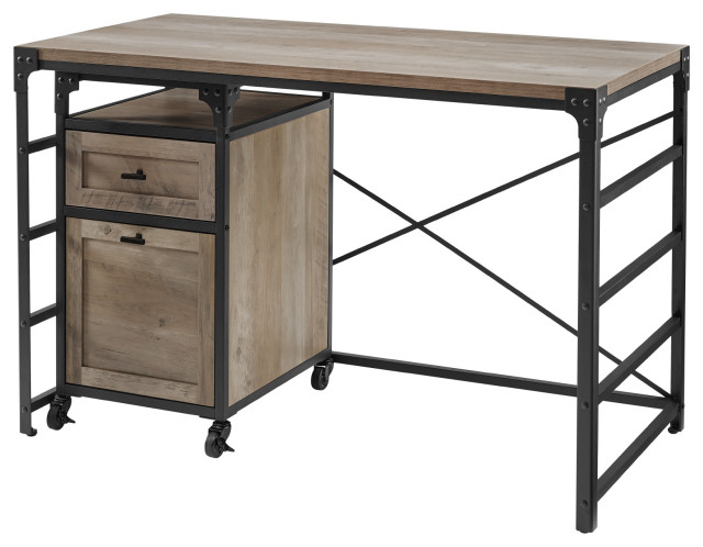 48" Angle Iron Desk with Filing Cabinet Cabinet - Grey Wash ...