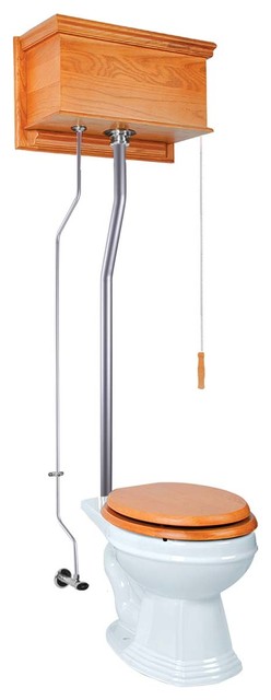 Light Oak Flat High Tank Pull Chain Toilet with White Round Bowl ...