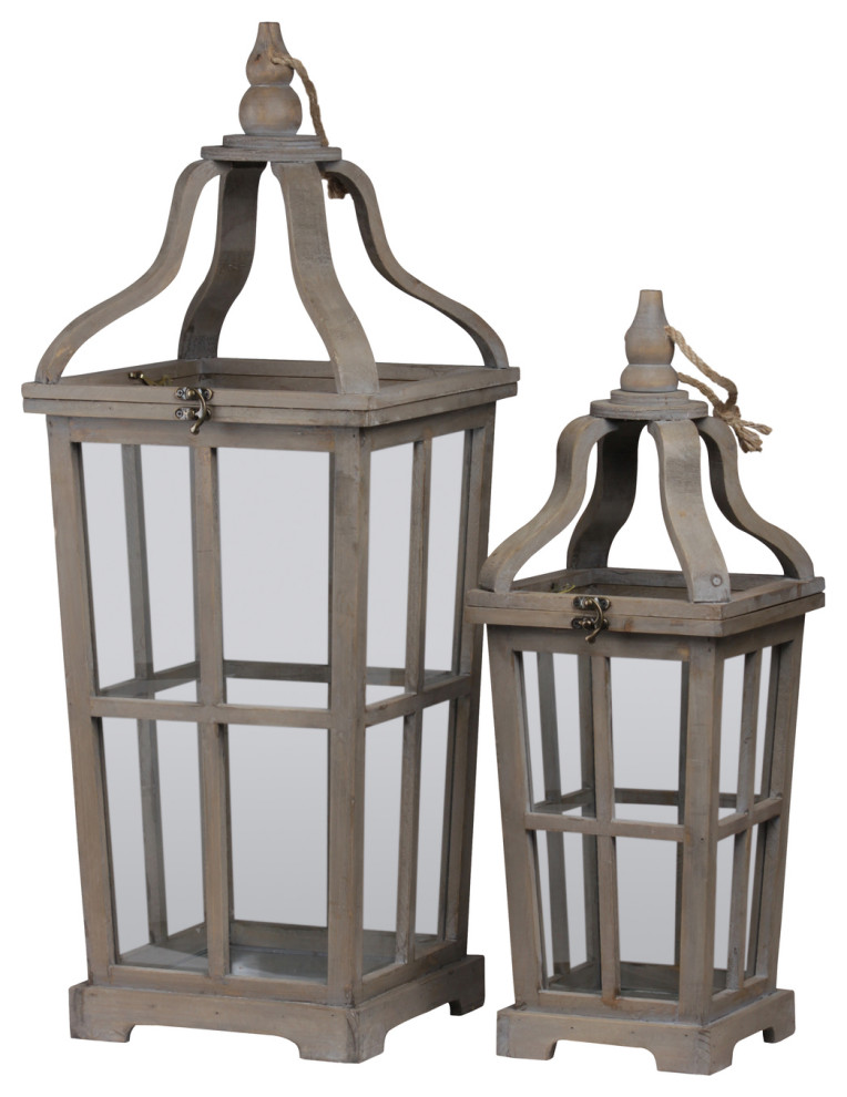 Square Wood Lantern with Rope Hanger, Brown Weathered Finish ...