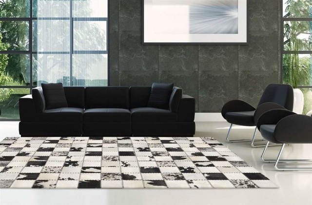 Madisons Black And White Cow Spot Square Pattern Patchwork Cowhide Rug ...