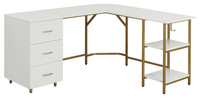 Techni Mobili L-Shape Home Office Two-Tone Desk with Storage, Gold ...