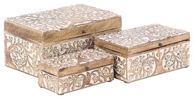 Coastal Brown Mango Wood Box Set 30983, S/3 8", 10", 12"W - French ...