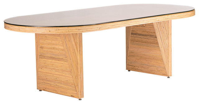 Caren Natural Rattan and Glass Oval Dining Table - Natural - Tropical ...