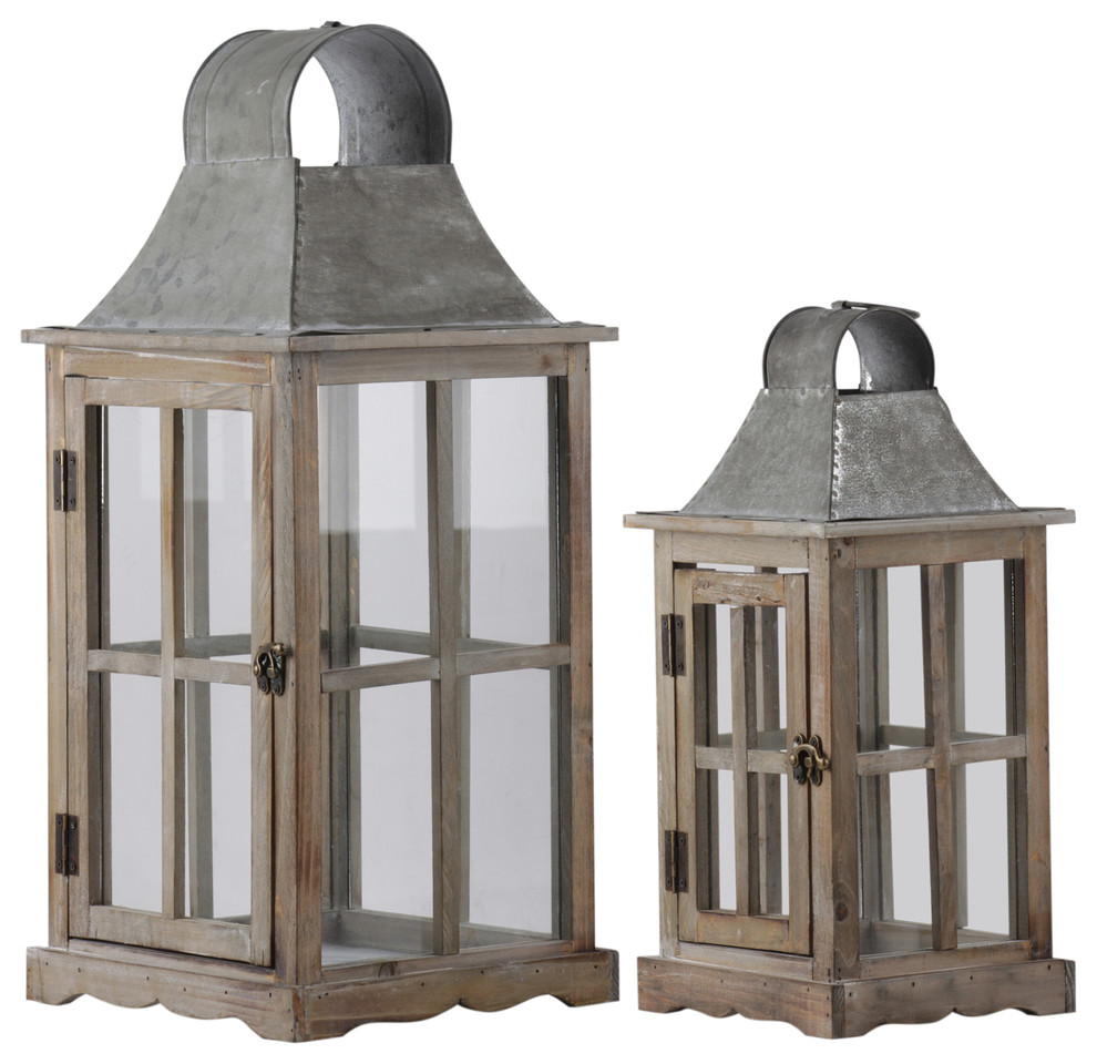 Wood Square Lanterns With Metal Top and Hangers, 2-Piece Set ...
