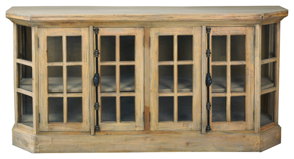 77" Window Pane Glass Door Display Credenza Driftwood Brown Wood ...