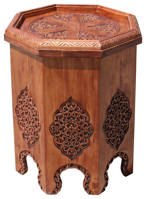 Octagon Floral Relief Carving Side End Table - Mediterranean - Side ...