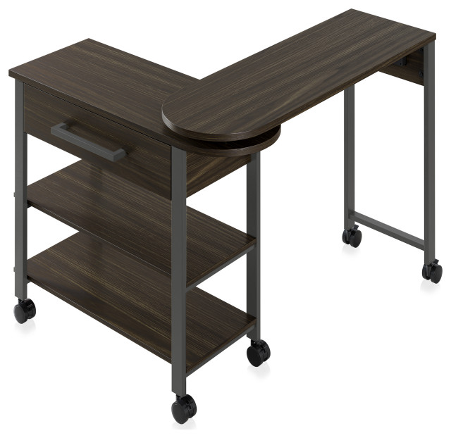 360° Rotating Desk with Charge Station, 3-Tier Shelves and Drawer ...