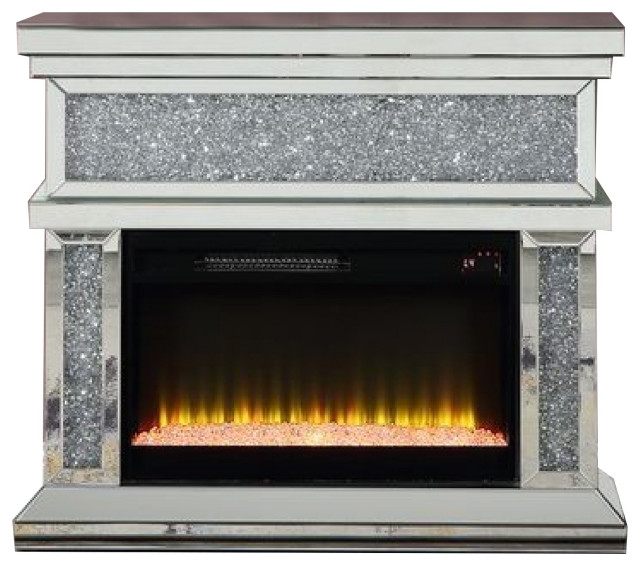 Benzara BM275474 Mirrored LED Electric Fireplace, Remote, Faux Diamond ...