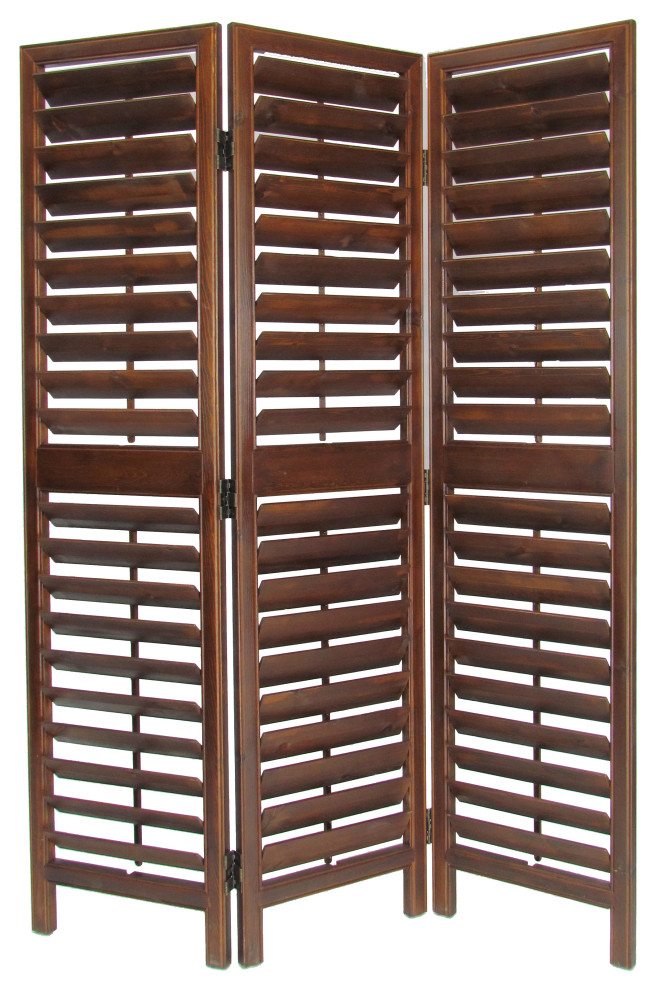 Wooden 3 Panel Room Divider with Slatted Design, Brown - Transitional ...