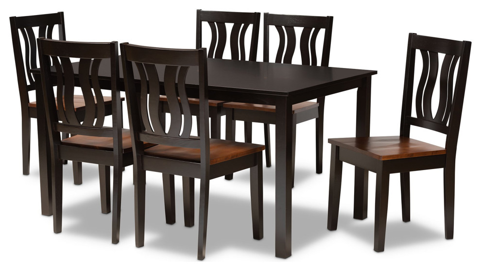 7 Pcs Dining Set, Spacious Table & Wavy Cut Out Back Chairs, Dark Brown ...