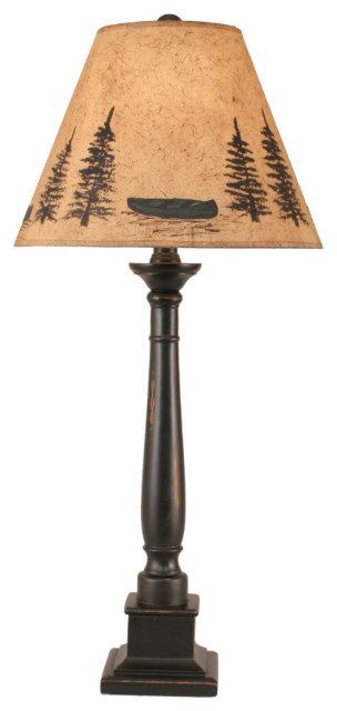Distressed Black Square Candlestick Table Lamp With Canoe Shade ...