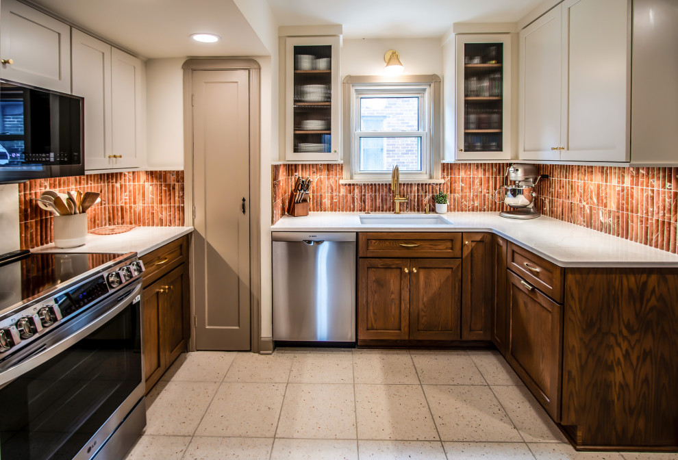 Custom Two-Tone Wood and White Kitchen w/Quartz Countertop and a Pop of ...