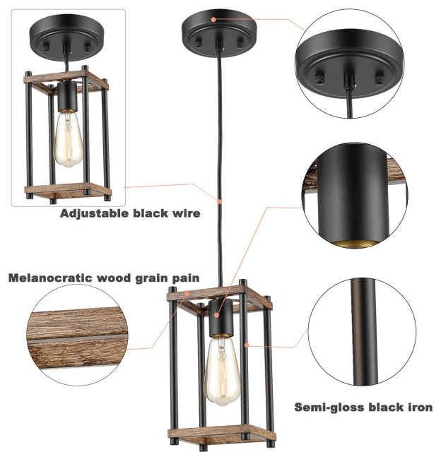 Farmhouse Black Metal Wire Cage Hanging Pendant Light Fixtures for ...