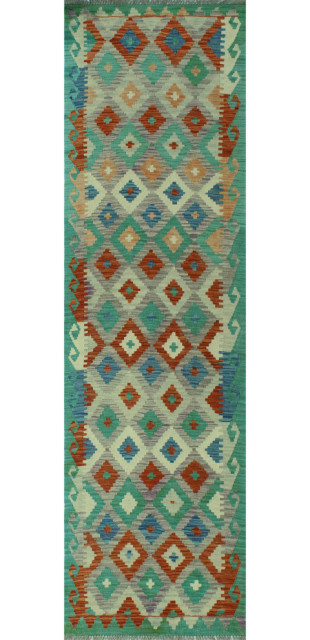 Sangat Kilim Rabb Green/Rust Runner, 2'7x9'5 - Southwestern - Hall And ...