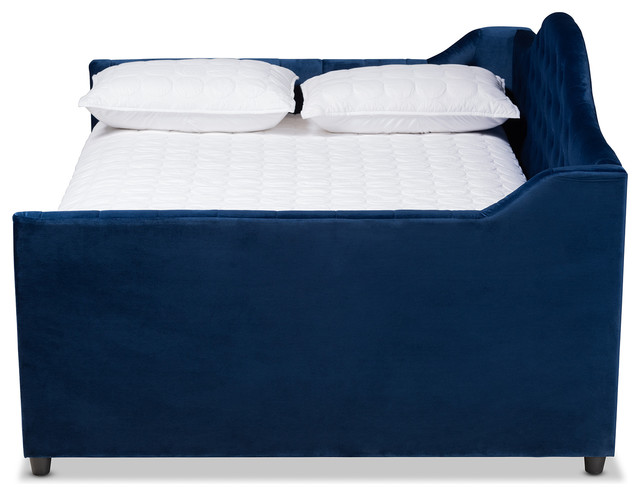 Luanna Royal Blue Velvet Fabric Upholstered and Button Tufted Queen ...