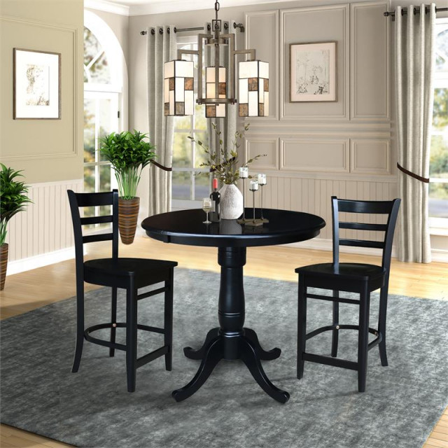 36" Round Solid Wood Counter Height Extension Table in Black & 2 Stools ...