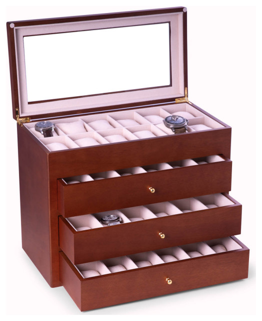 Cherry Wood 48 Watch Box, Glass Top and Drawer, Velour Lining and ...