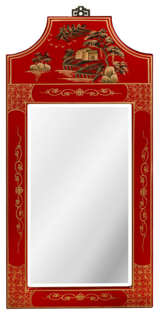 Red Chinoiserie Scenery Motif Panel Vanity Oriental Mirror - Asian ...