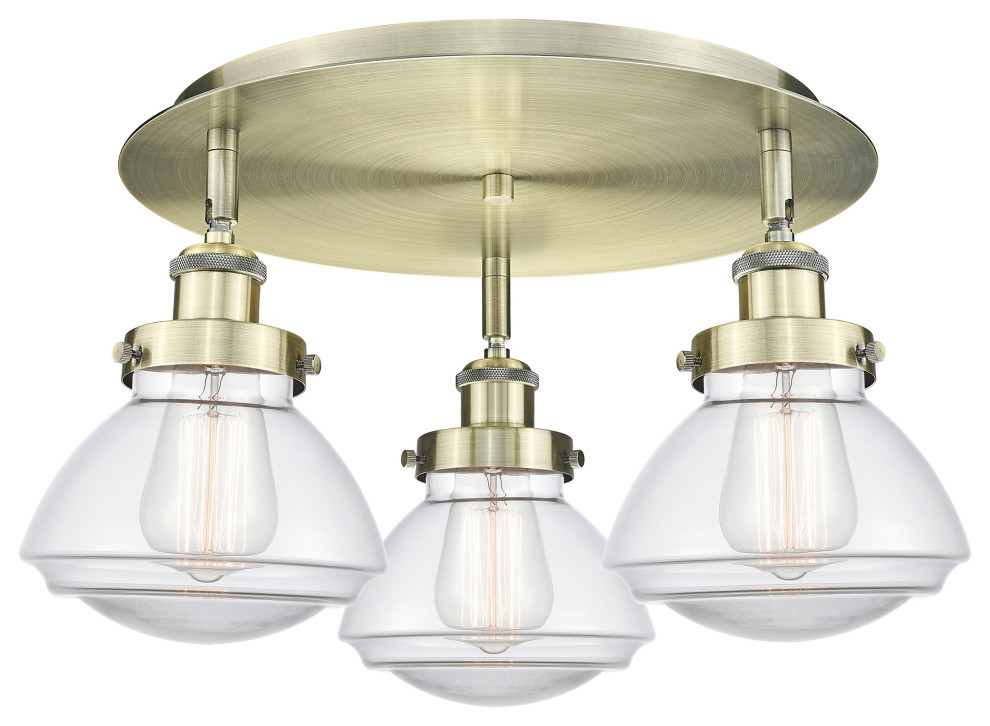 Olean-3 Light 18" Flush Mount-Antique Brass, Clear Glass Shade - Flush ...