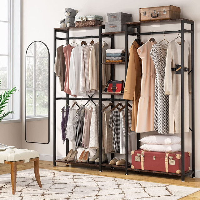 Tribesigns Freestanding Closet Organizer 3 Hanging Rod and Shelves ...