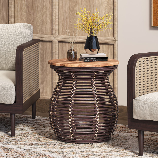 Quito Rattan Side/ End Table w/ Wood Top - Tropical - Side Tables And ...