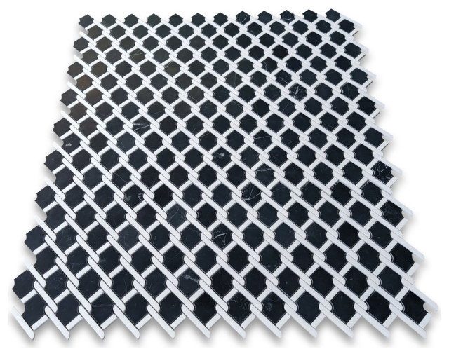 Nero Marquina Black Marble Princess Weave Rope Mosaic Tile White Honed ...